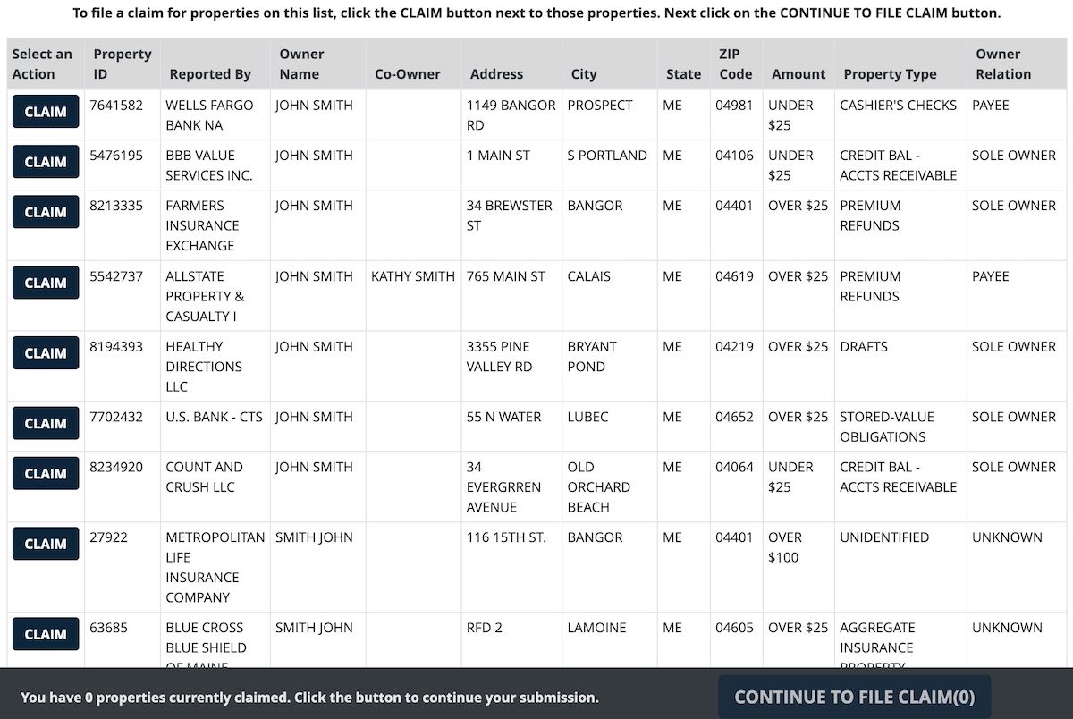 State of Maine Unclaimed Property